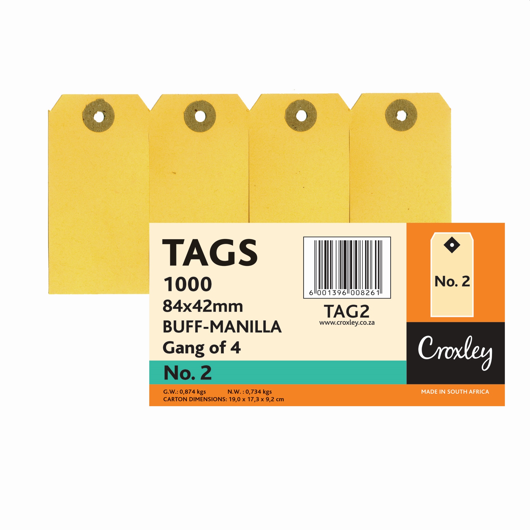 CROXLEY JD2 Buff Manilla Tags Gangs of 4 - No.2 - 84X42 | Croxley SA