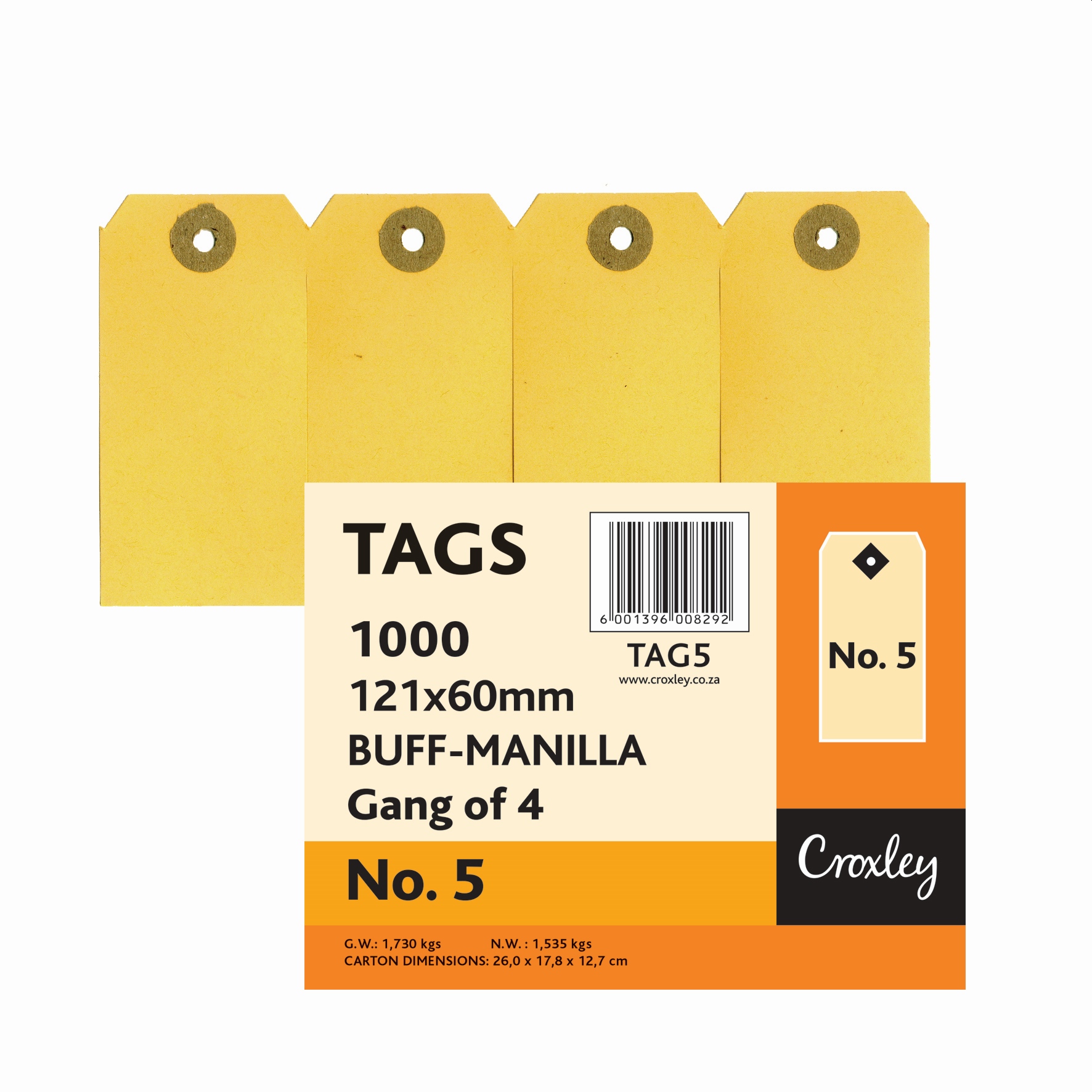 CROXLEY JD5 Buff Manilla Tags Gangs of 4 - No.5 - 121X60 | Croxley SA