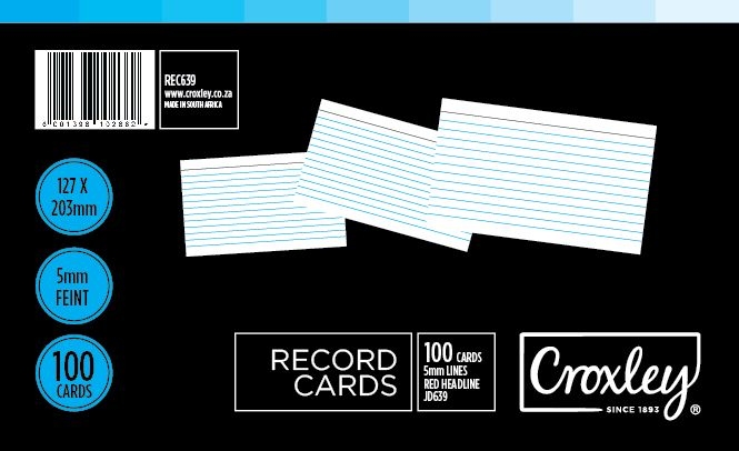 CROXLEY JD639 Record Cards 127x203 Cello 100's per Packet | Croxley SA